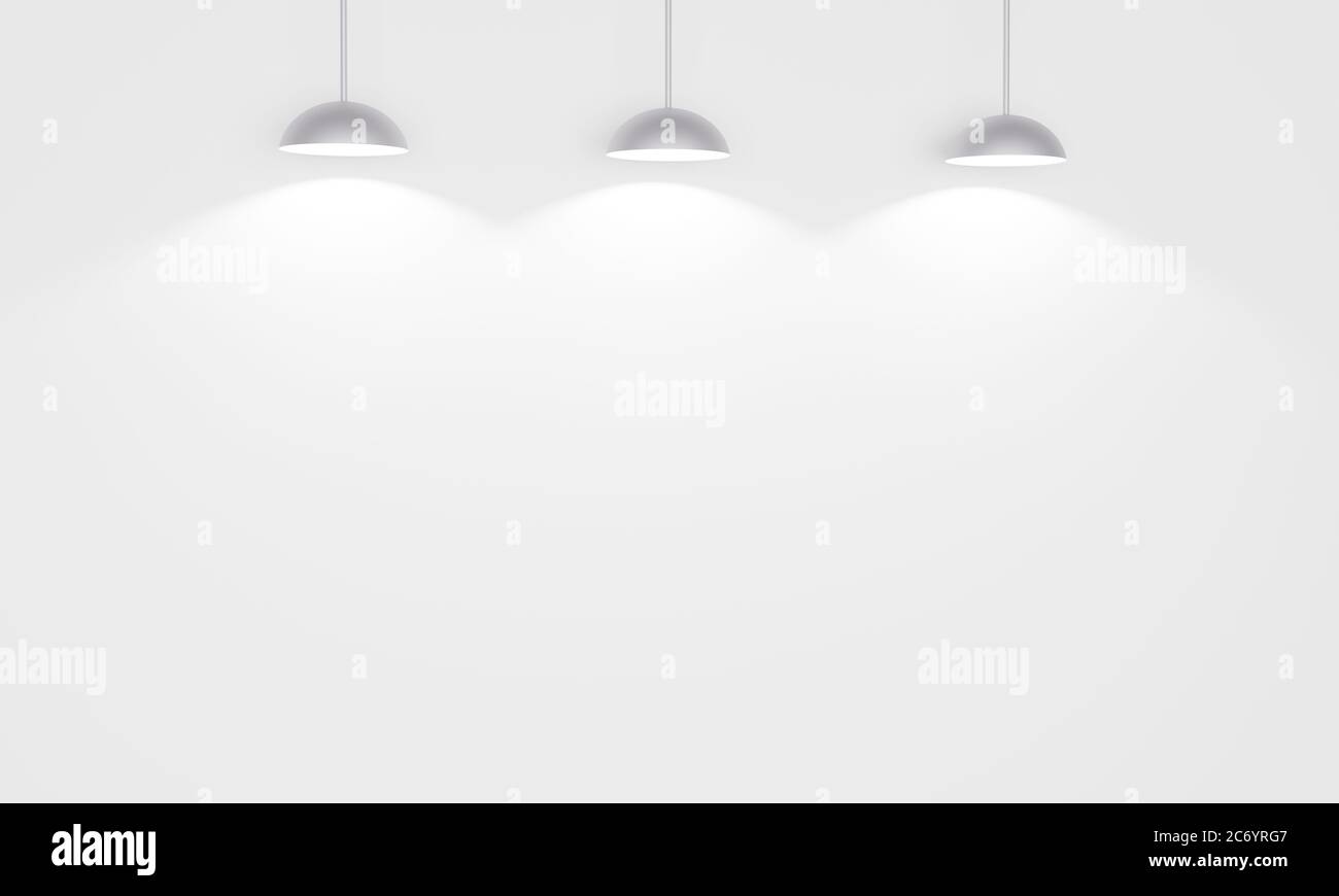 3D rendering of three hanging silver light fixtures shining against a ...