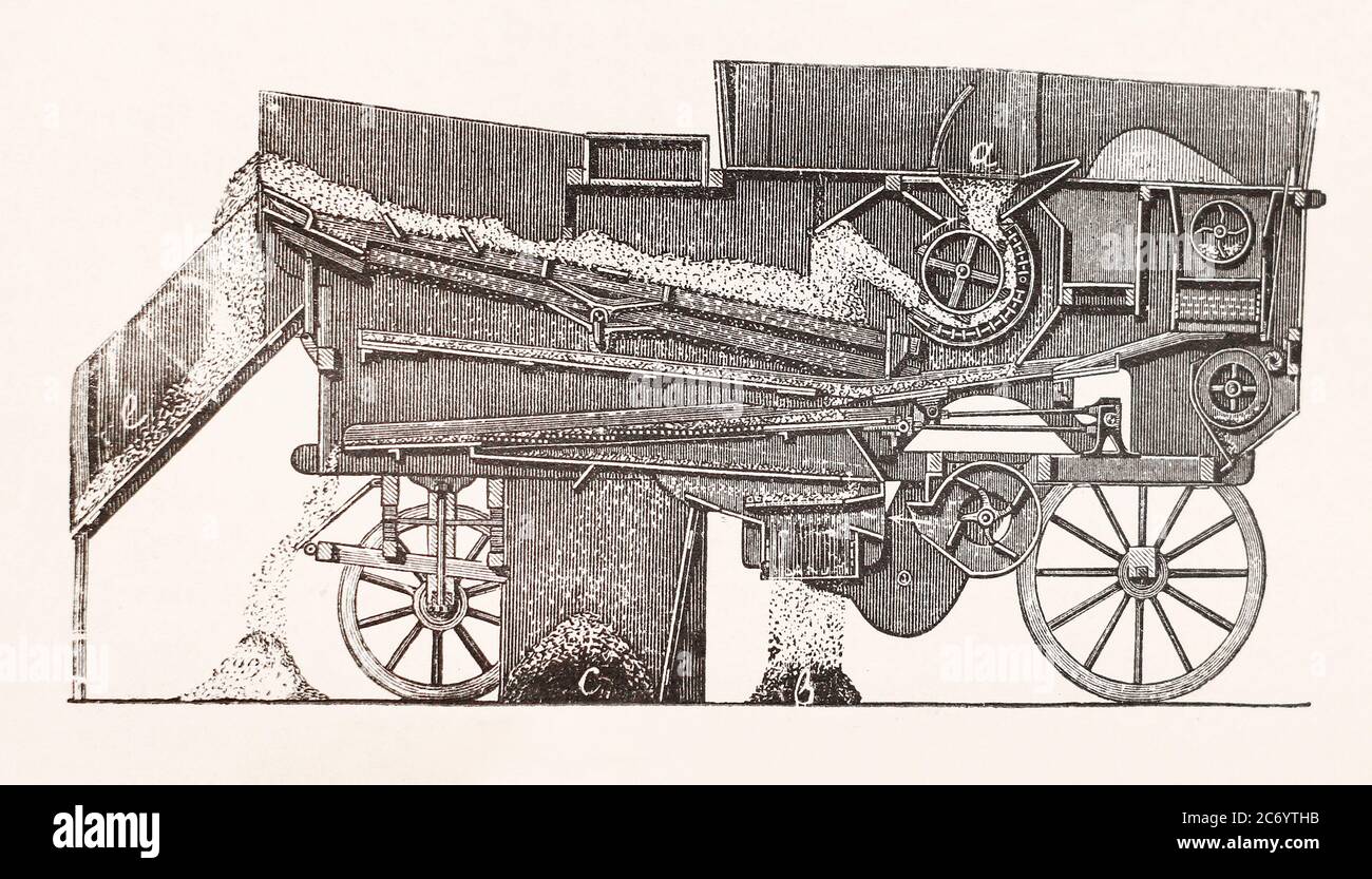 Lengthwise cut of the Steam thresher. Engraving of the 19th century ...