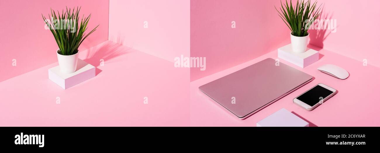 collage of pink workplace with blank sticky notes, smartphone, laptop ...