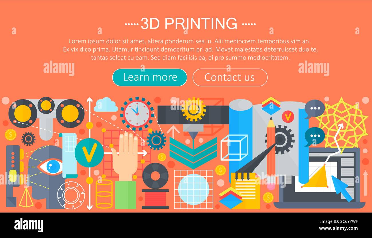 3d printer technology flat concept set. 3d modeling, printing and ...