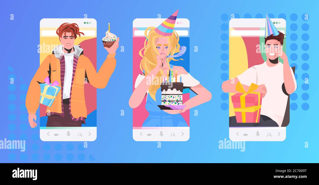 people celebrating online party friends having virtual fun celebration ...