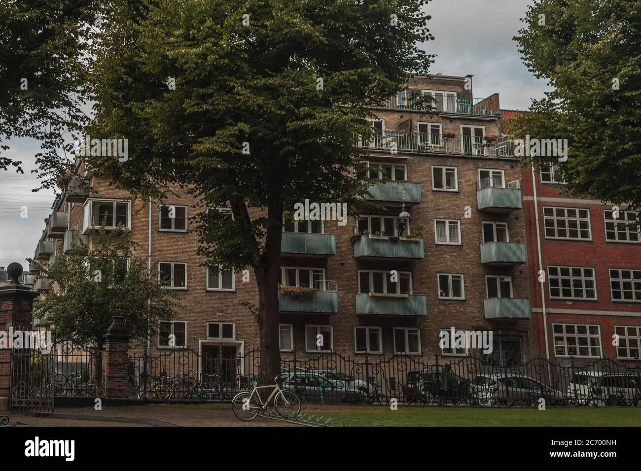 Green trees and facades of building on urban street with cloudy sky at ...