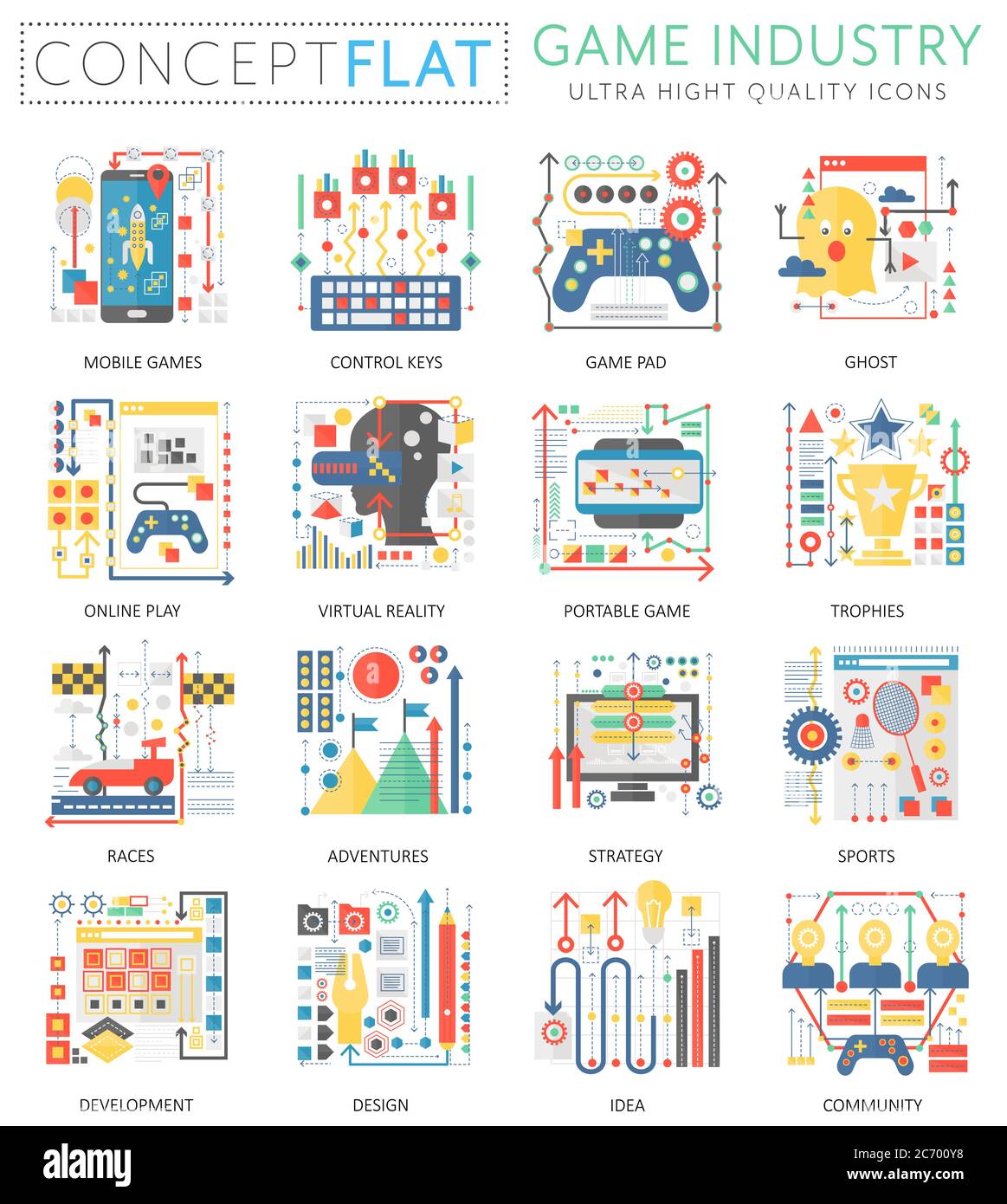 Infographics mini concept Game industry icons for web. Premium quality ...