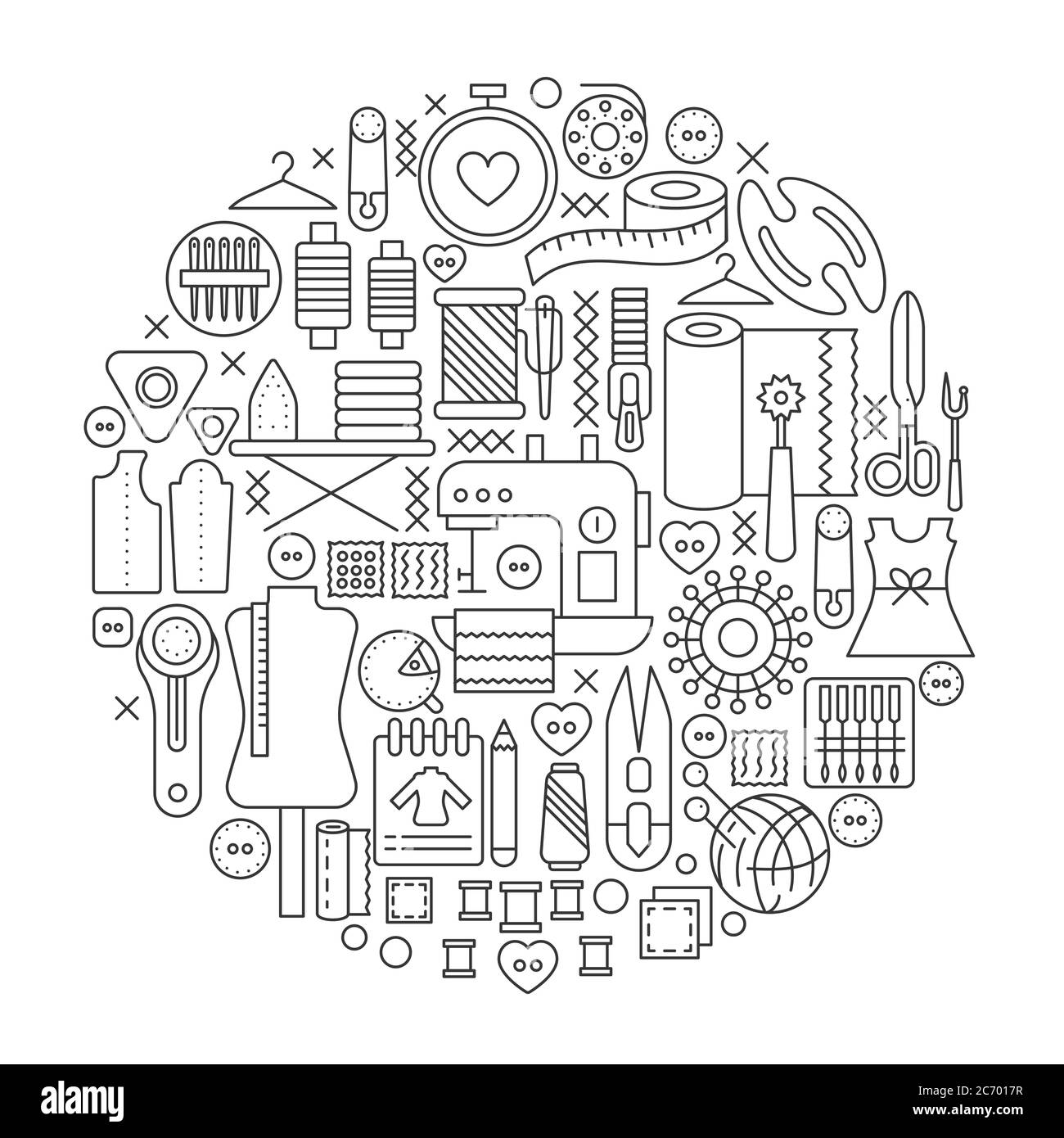 Sewing tools concept in circle - concept line illustration for cover ...