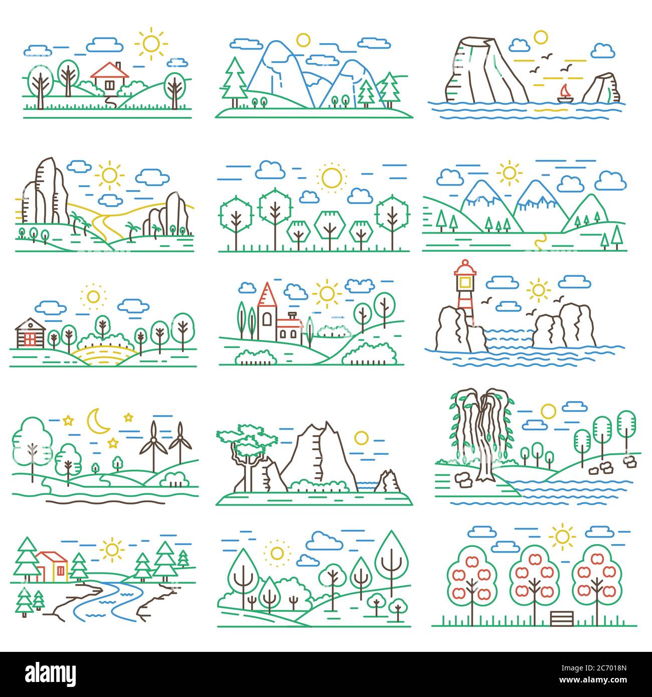 Nature color line landscapes set with mountains, forest fields and ...