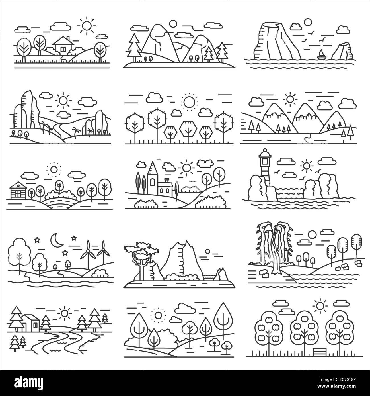 Set of illustrations of the different nature types in line style Stock ...