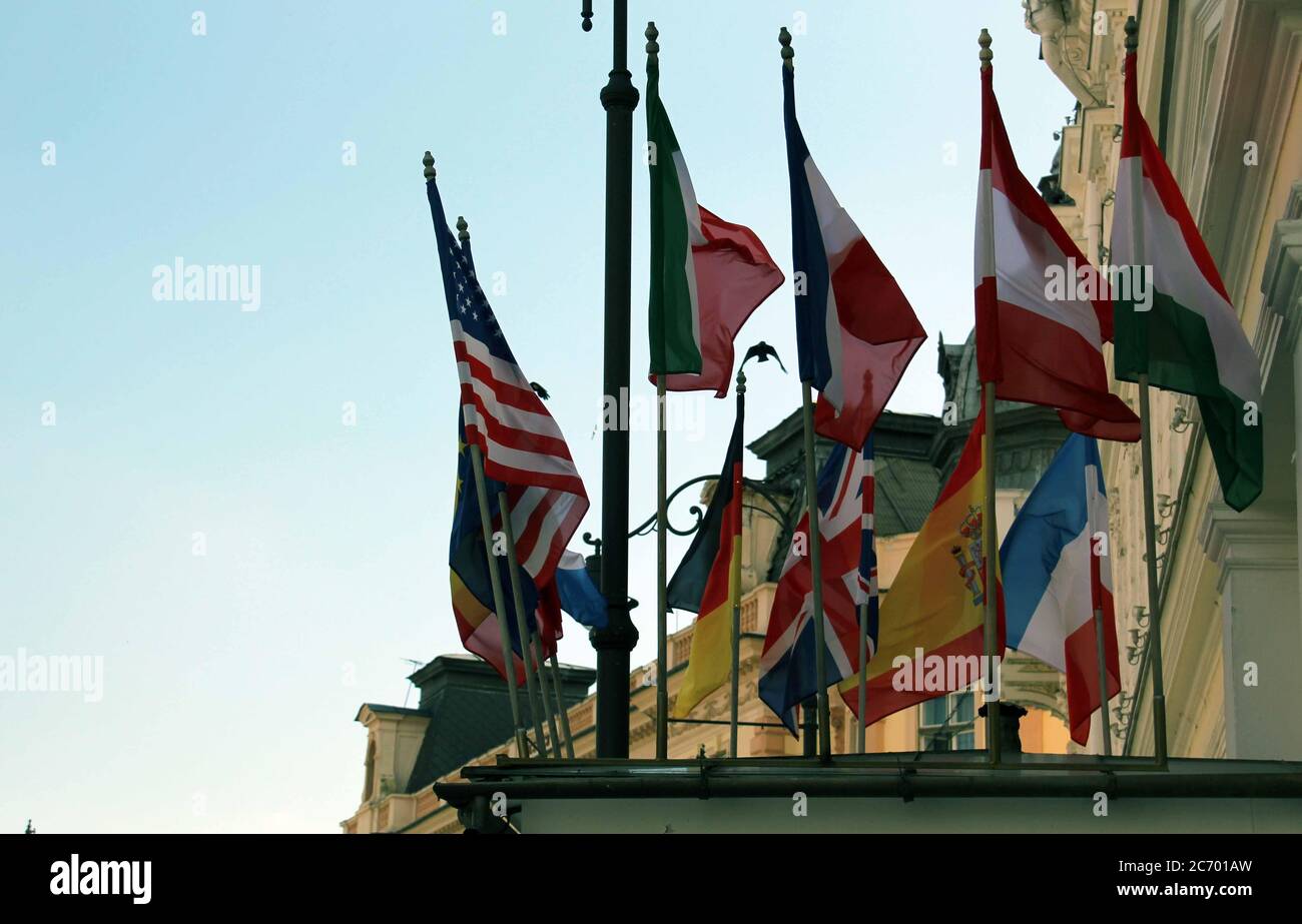 International Flag on Historic Building Stock Photo - Alamy