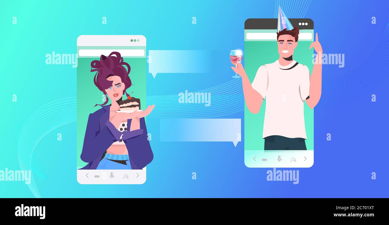 couple celebrating online party friends having virtual fun celebration ...