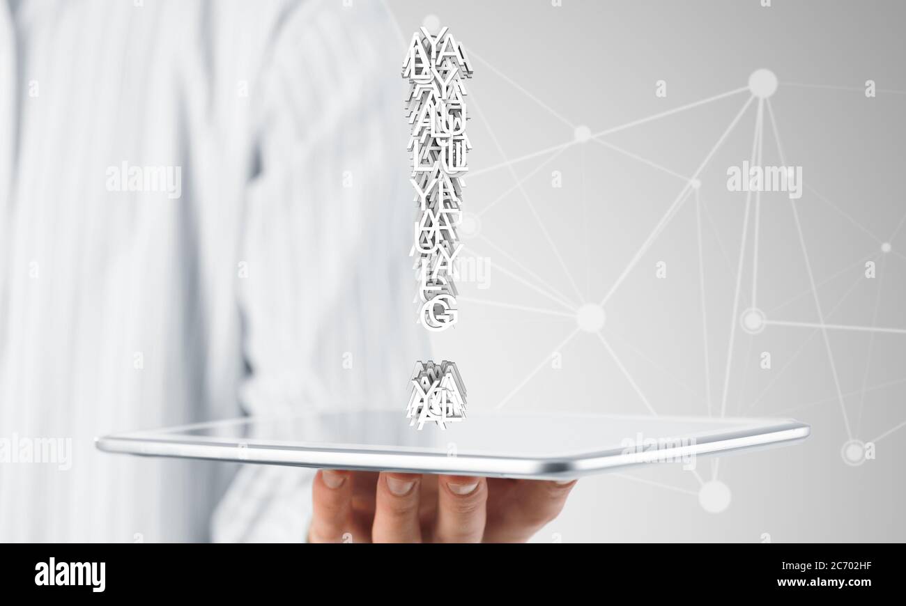 Exclamation mark and tablet Stock Photo - Alamy