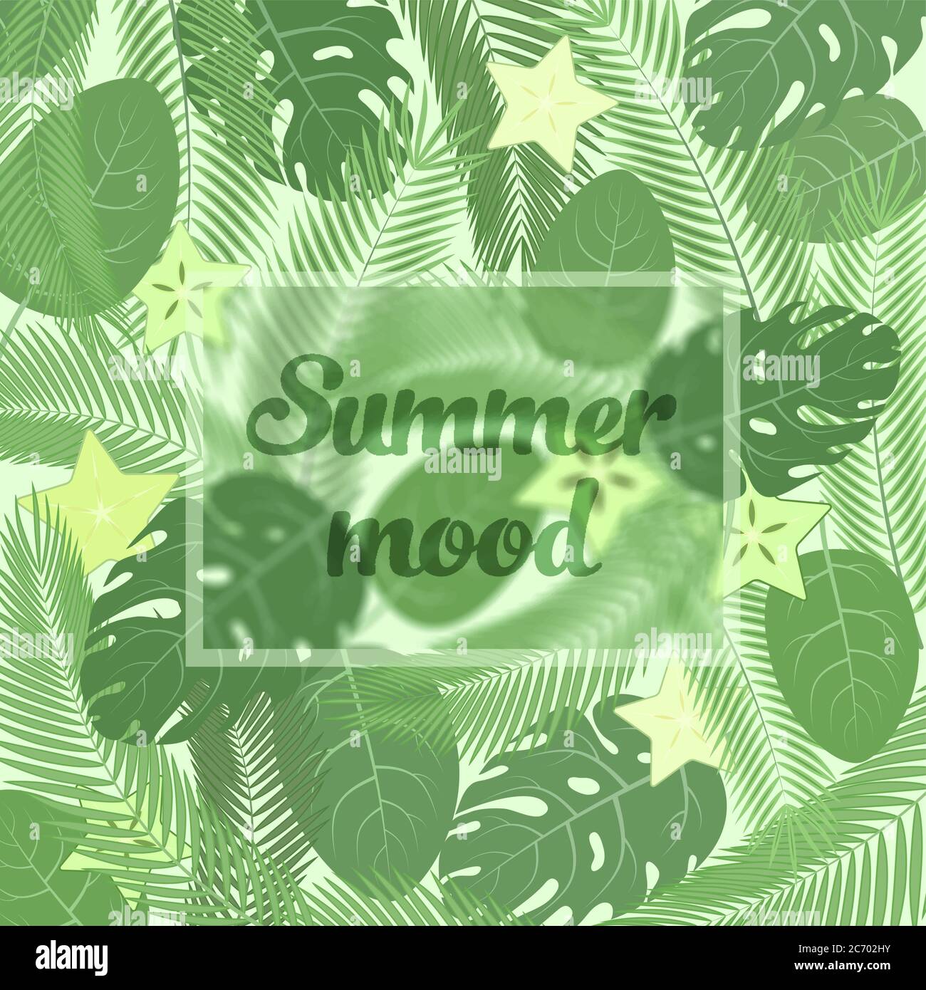 The summer mood lettering in a frame on the background of fresh tropic ...