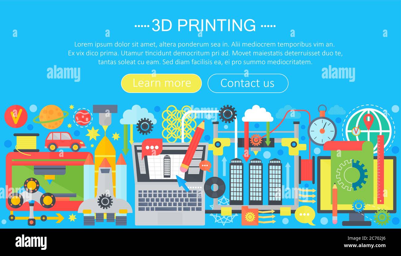 3d printer technology flat concept set. 3d modeling, printing and ...