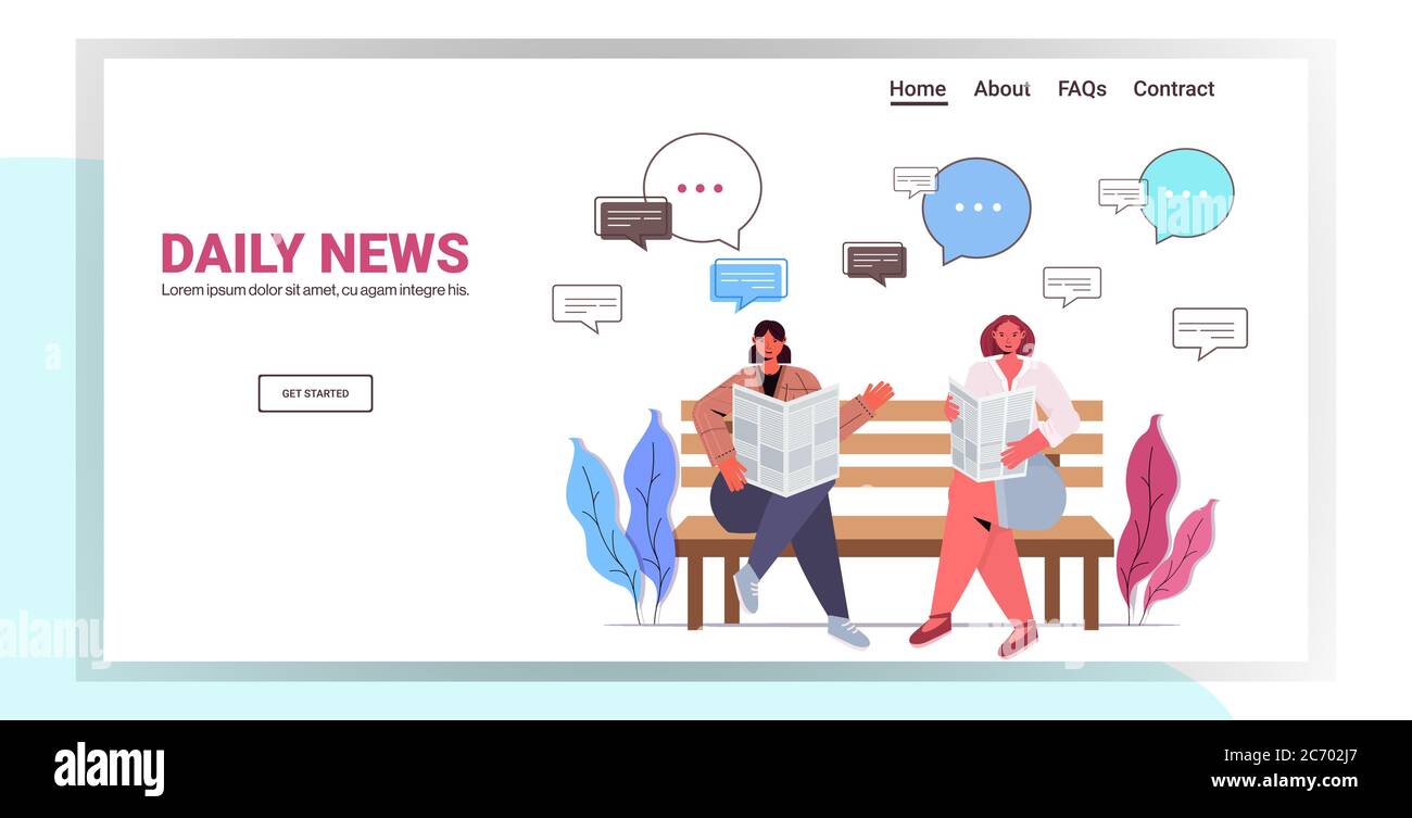 girls reading newspaper discussing daily news during meeting in park ...