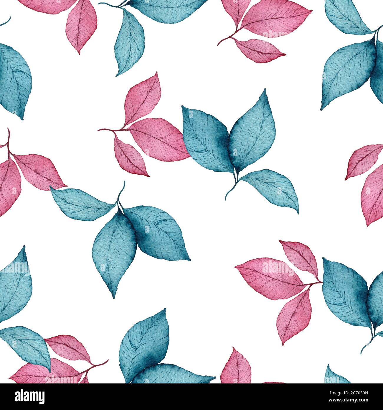 seamless pattern with pink and teal blue leaves, watercolor botanic ...
