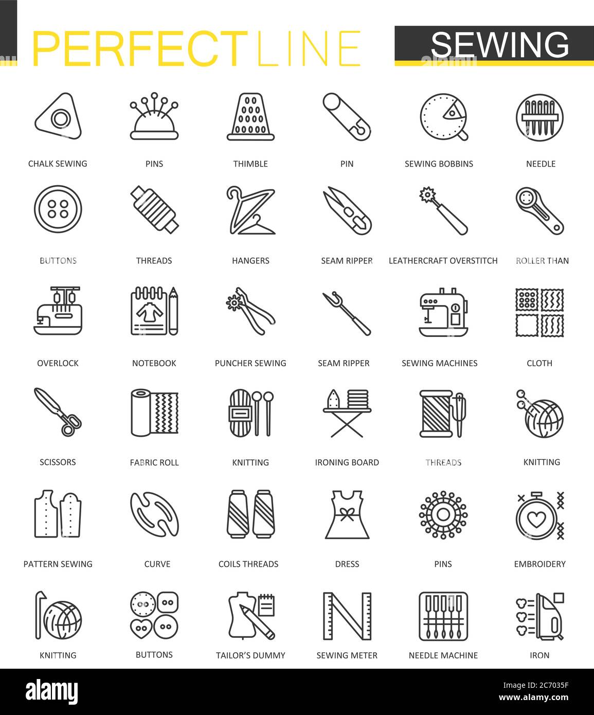 Sewing Equipment Thin Line Web Icons Set Outline Needlework Icon