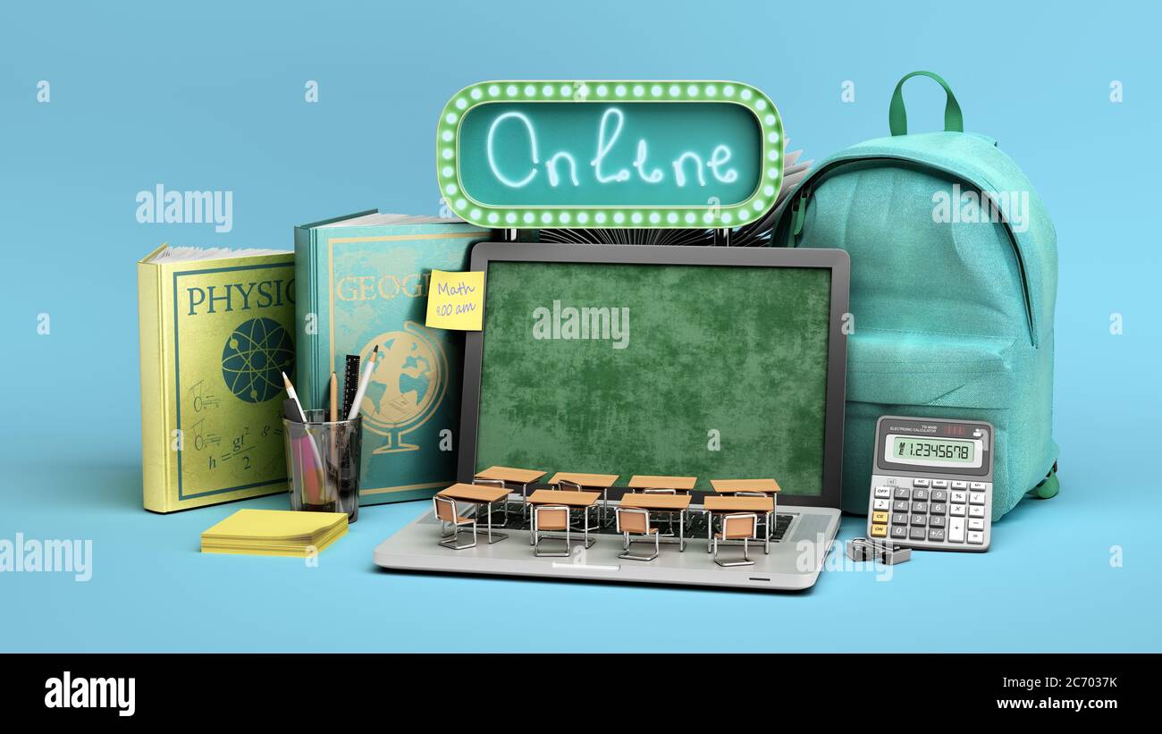 online education concept Blue backpack with school supplies and empty ...
