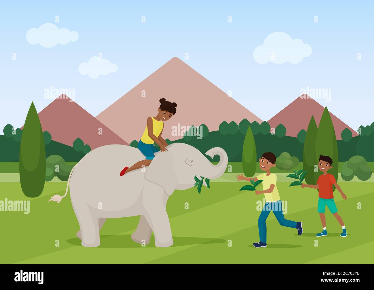 Vector illustration of the little children feeding and riding the ...