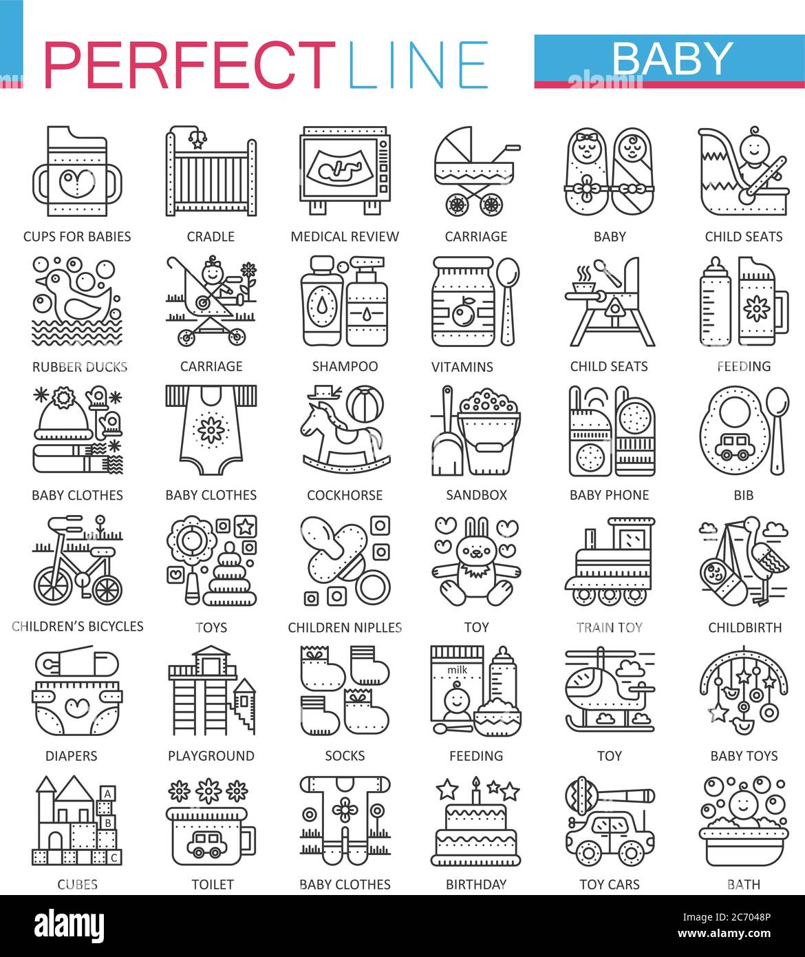 Baby care toys, kid feeding concept symbols. Perfect thin line icons ...
