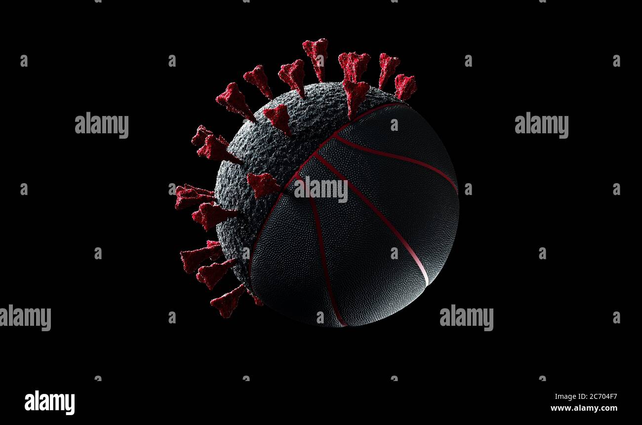 Basketball ball infected with corona virus on a black studio background ...
