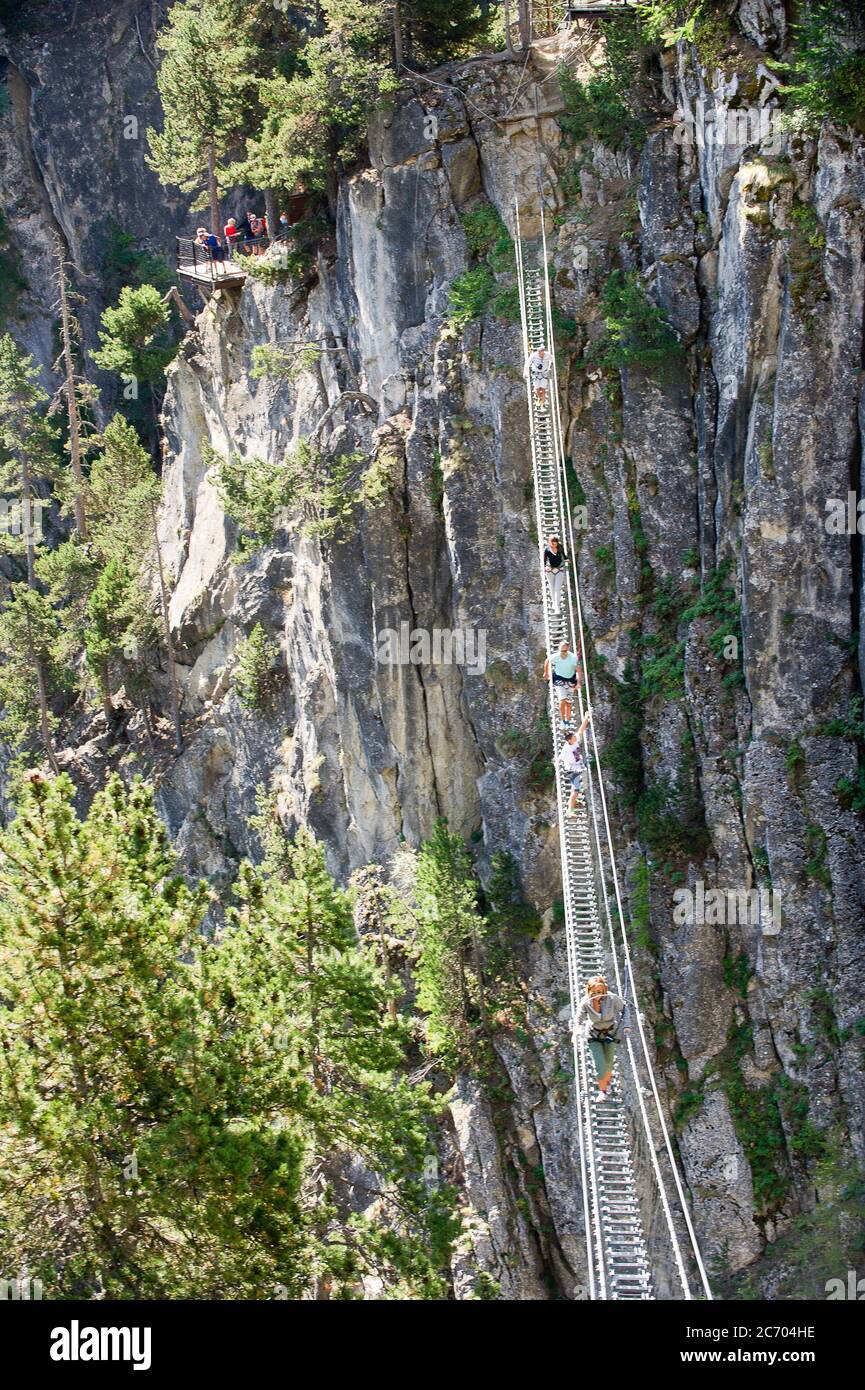Europe, Italy, Piedmont, Claviere, Tibetan bridge of the Gorgias of s ...