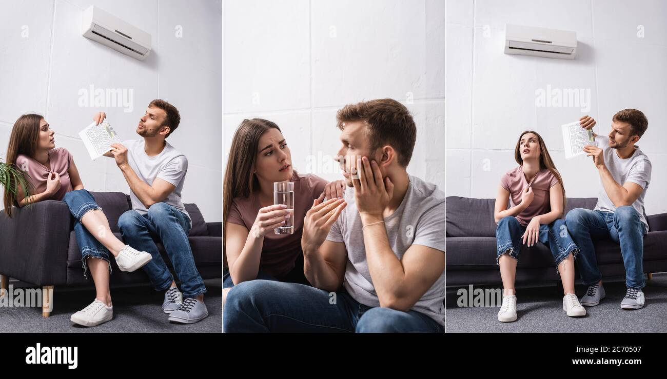 collage with sad couple with remote controller at home with broken air ...