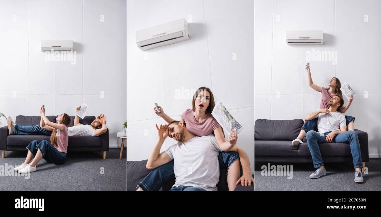 collage with angry couple sitting home with broken air conditioner ...