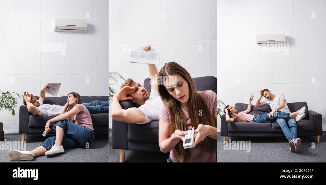 collage with sad couple with remote controller suffering from heat at ...