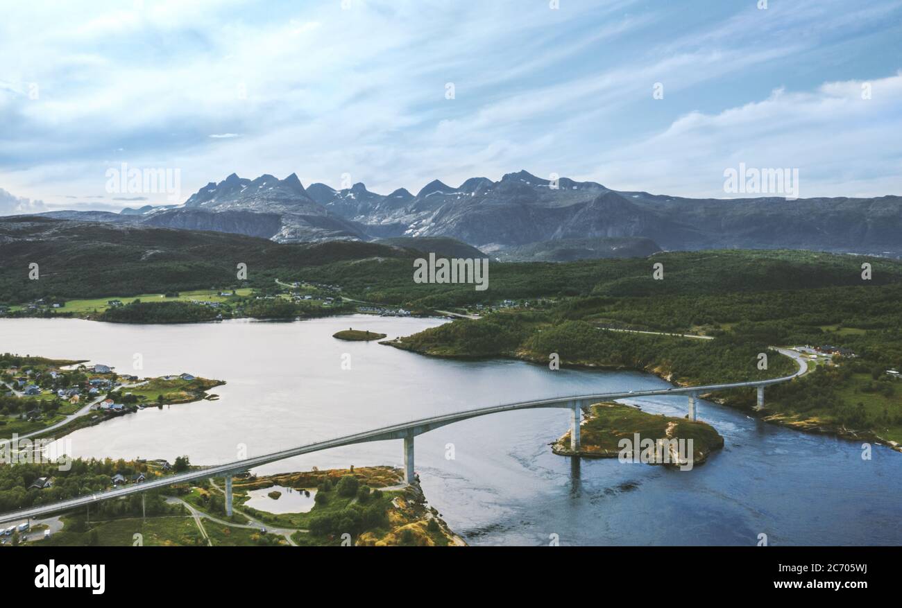 Aerial view Saltstraumen bridge road in Norway landscape travel ...