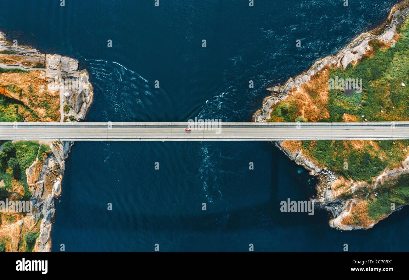 Aerial view Saltstraumen bridge in Norway road above sea connecting ...