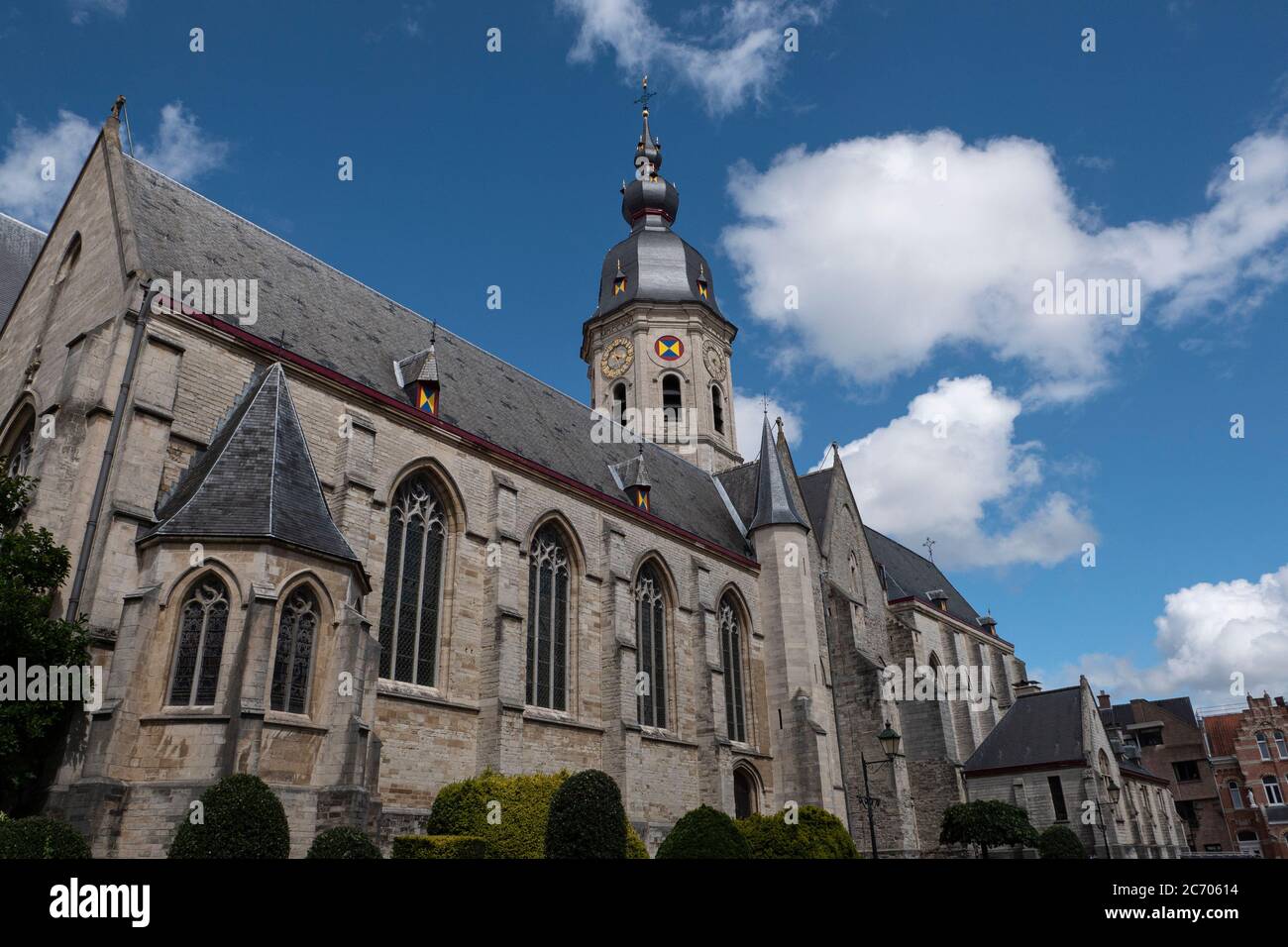 Temse, July 05 2020, Side view and low angle shot of our lady church in ...
