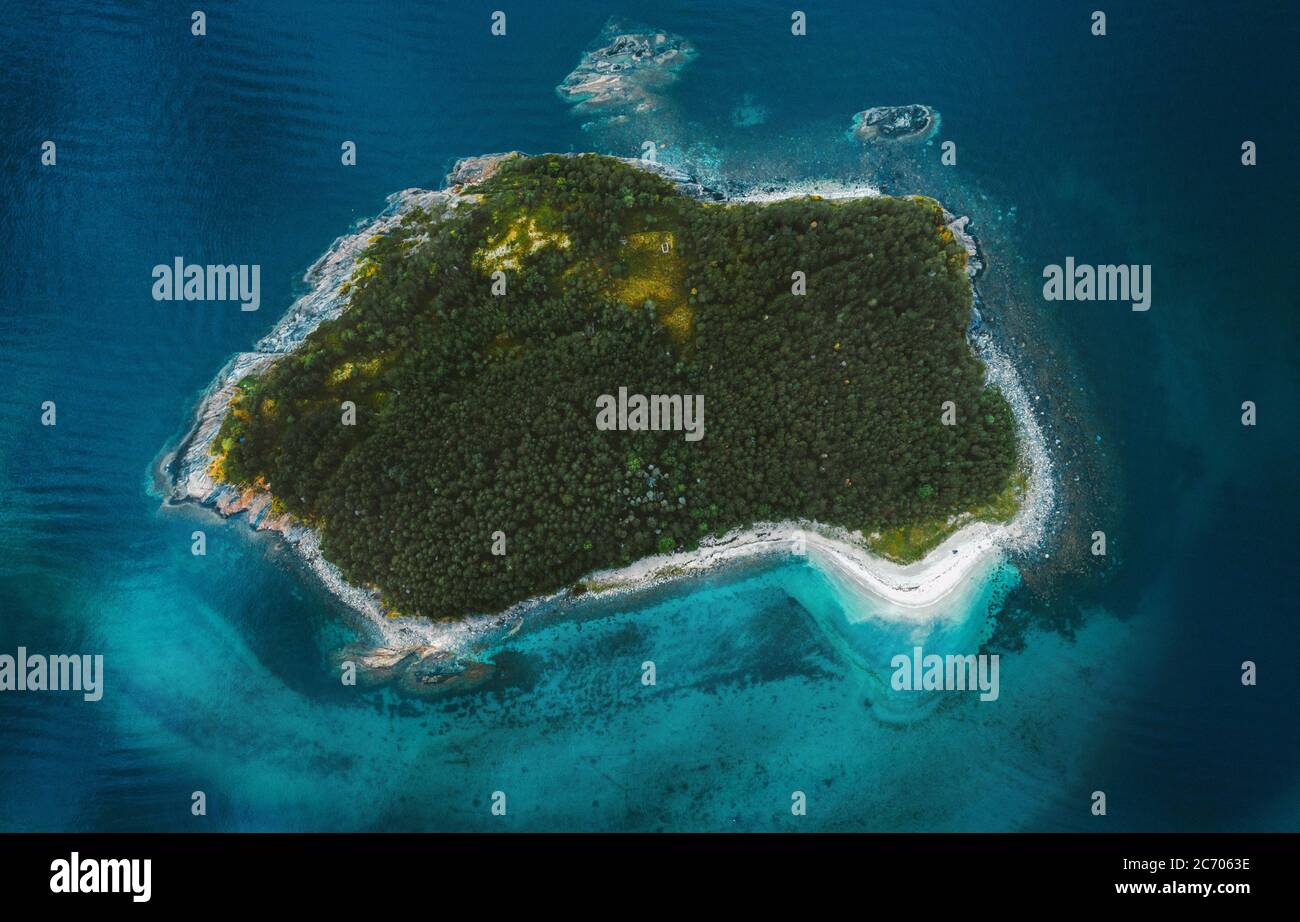 Aerial view uninhabited island in ocean drone landscape in Norway above ...