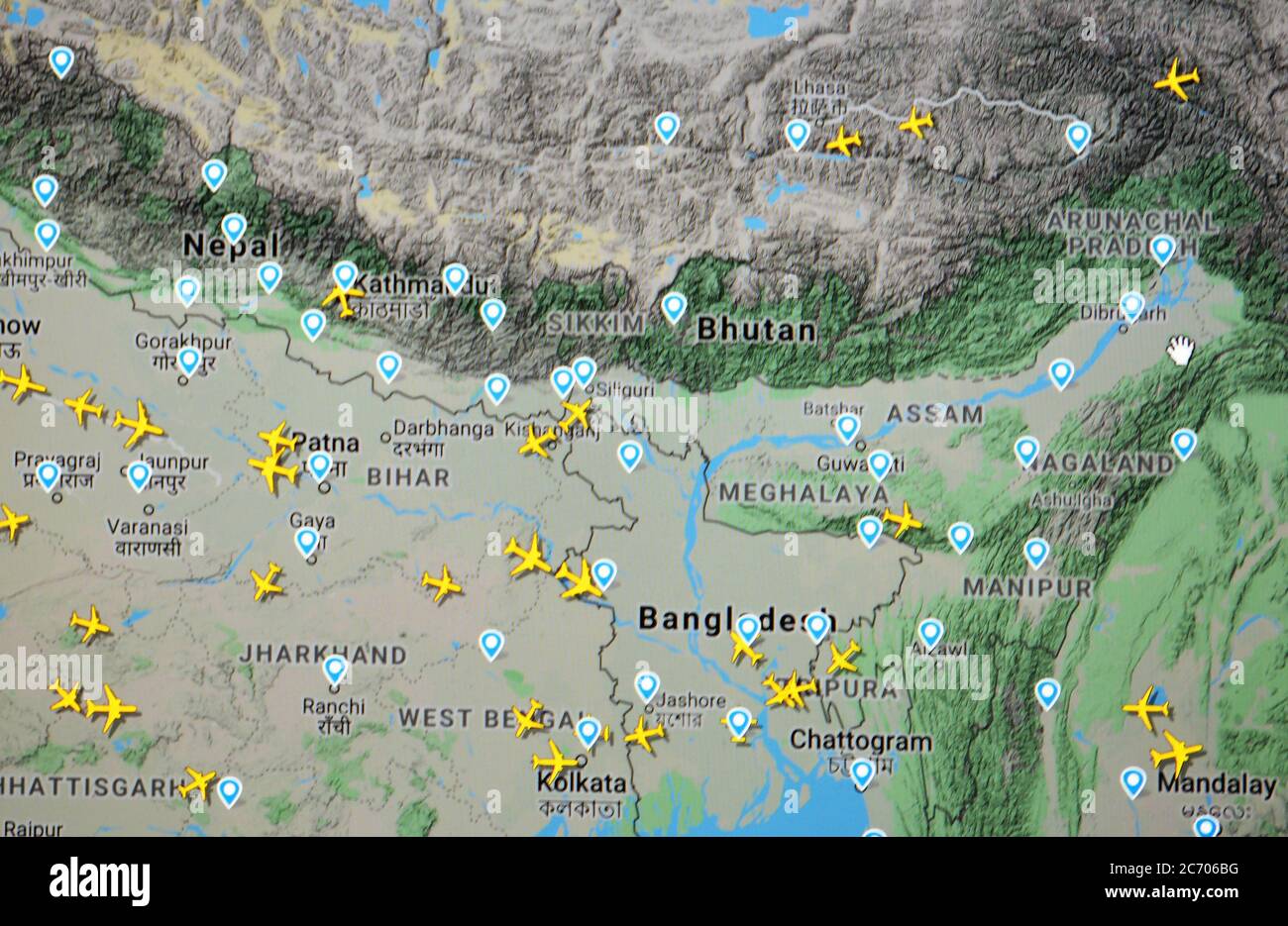 air traffic over Tibet, Nepal, Bhutan, Bangladesh, India and Myanmar ...