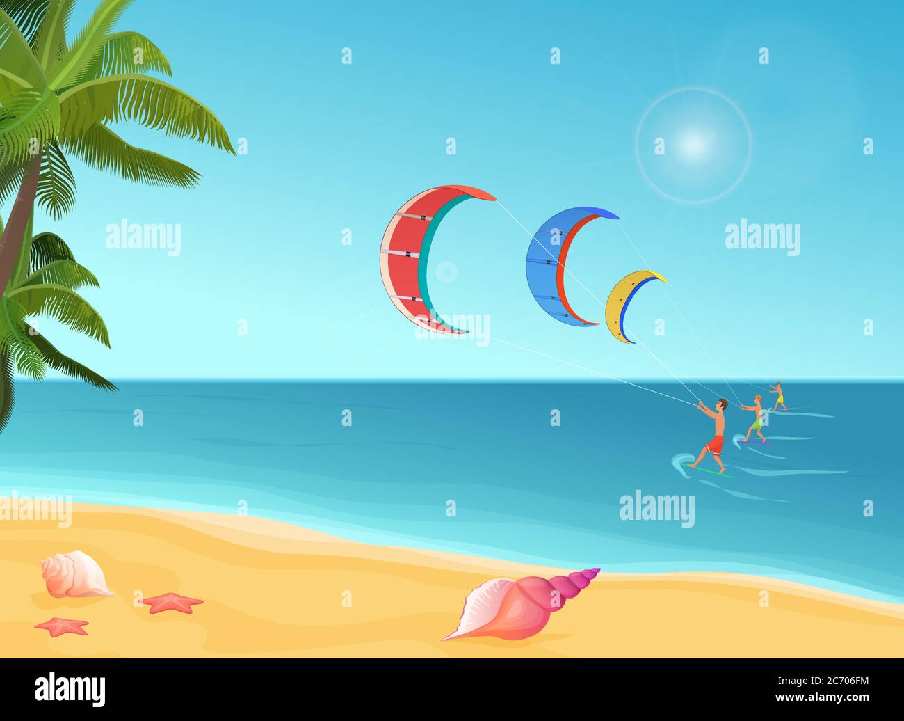 Vector illustration of three people with parachutes and surfs doing ...