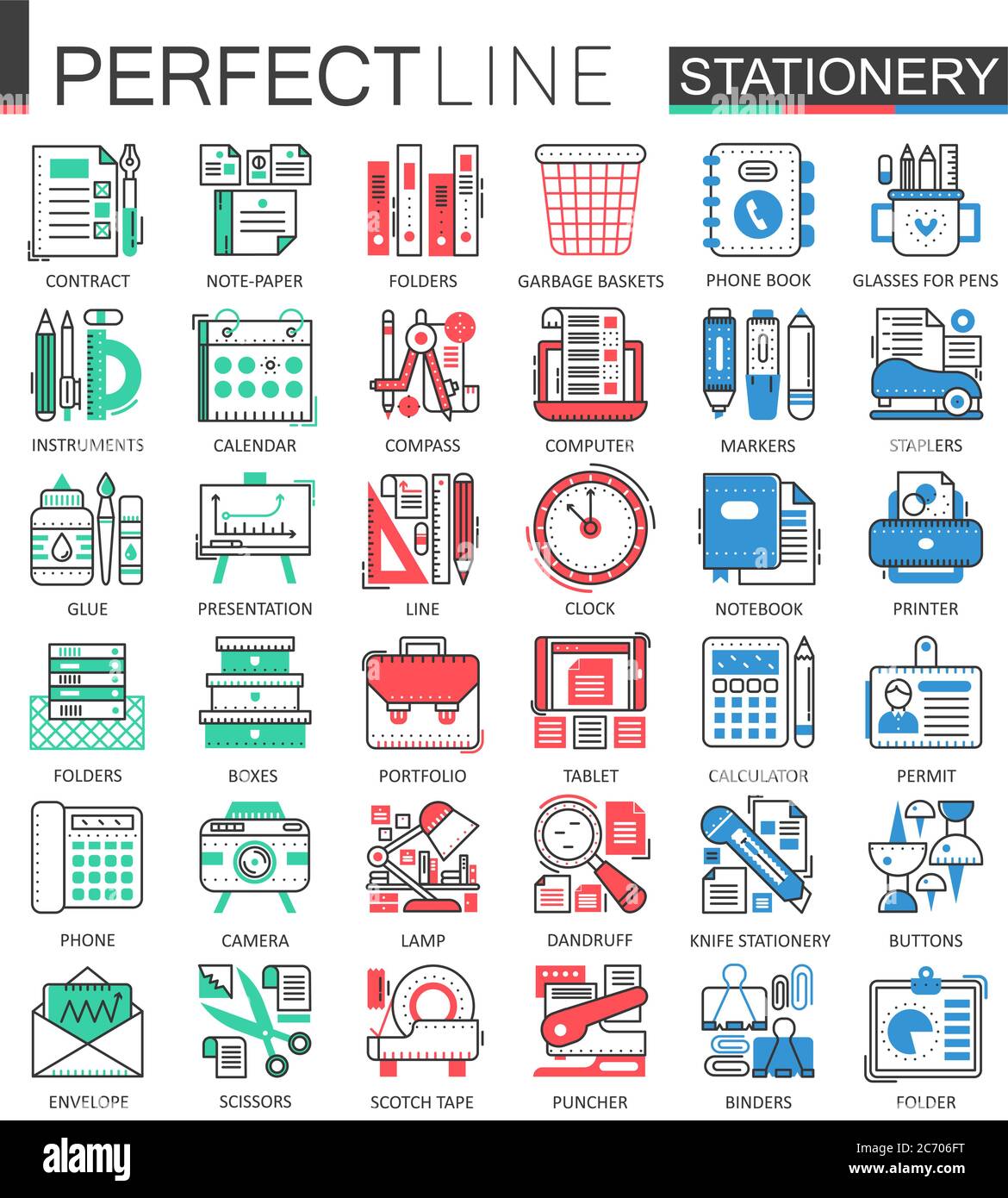 Office stationery - modern flat line concept symbols. Color outline ...