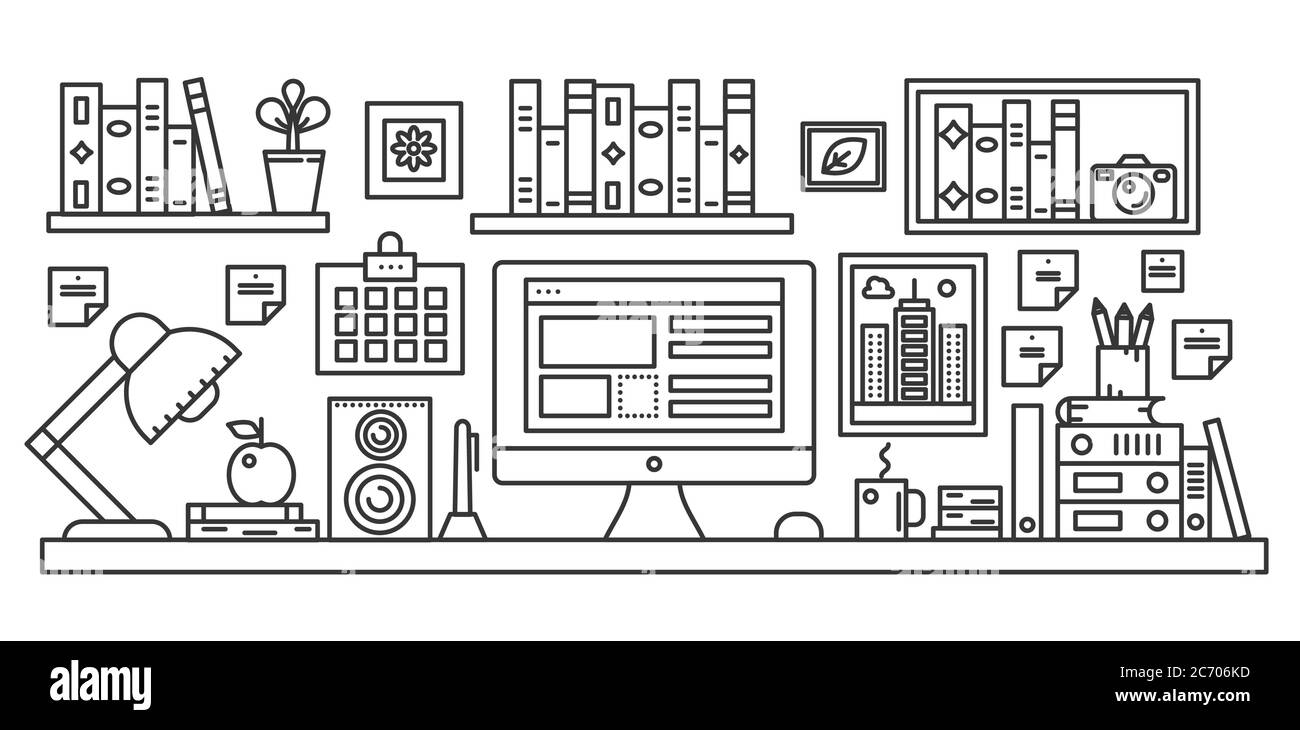 Linear office table with computer workspace and other equipment in ...