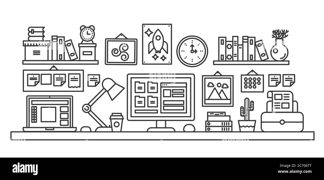 Vector illustration of black line single colored office table with ...