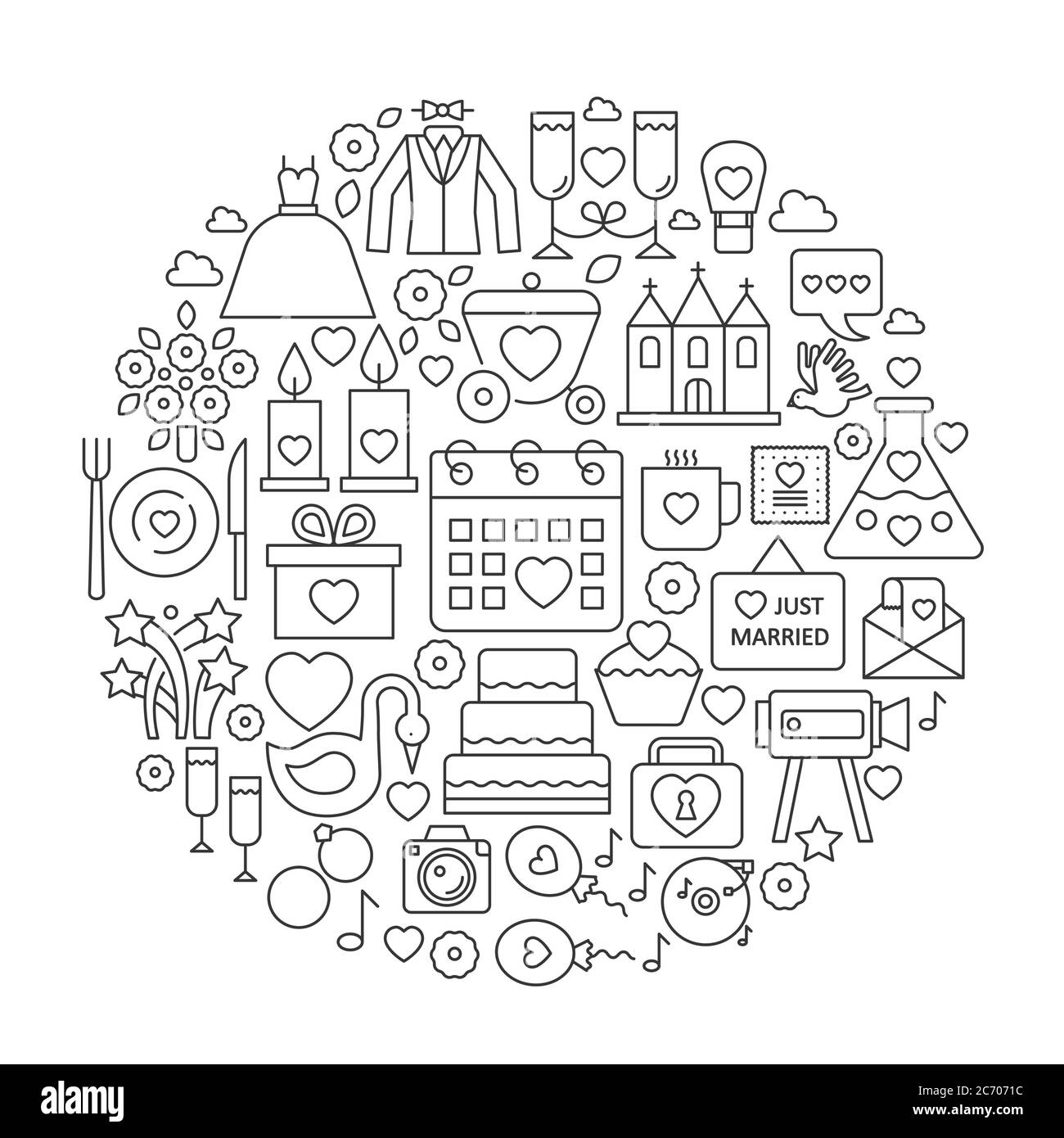 Wedding concept in circle - concept line vector illustration for cover ...