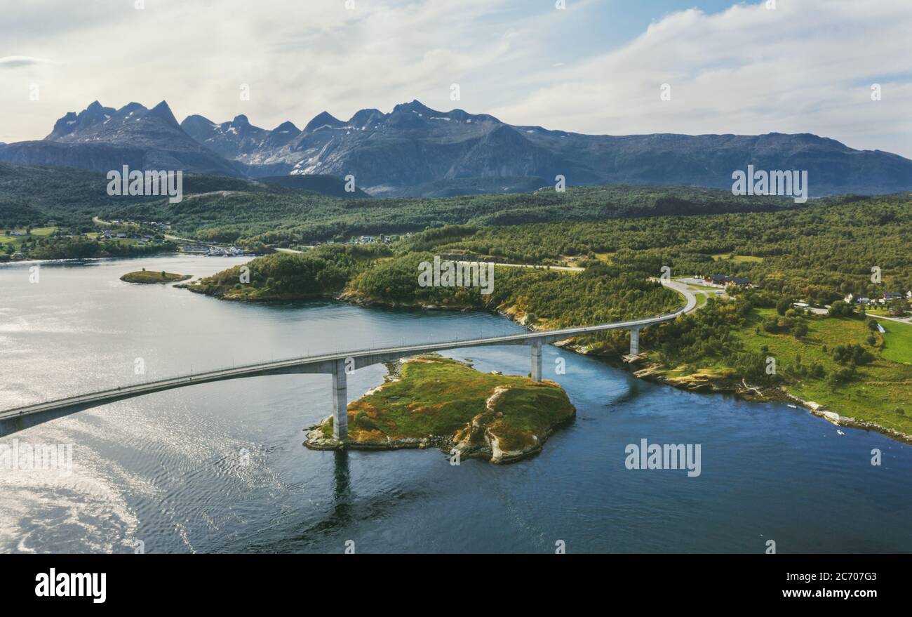 Aerial view Saltstraumen bridge road in Norway landscape scandinavian ...