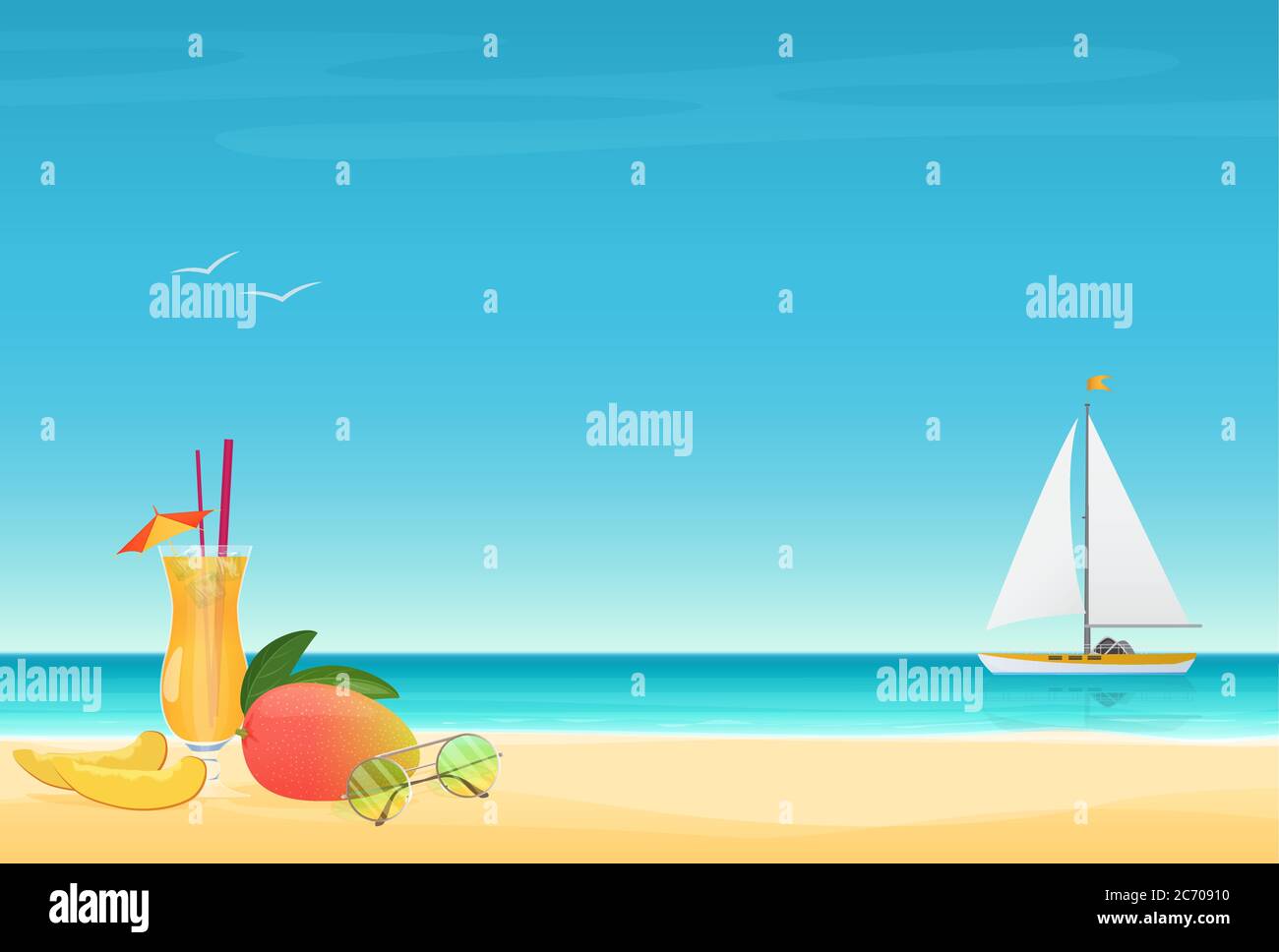 Mango Fruit Cocktail on the sand Beach Background with yacht. Summer ...