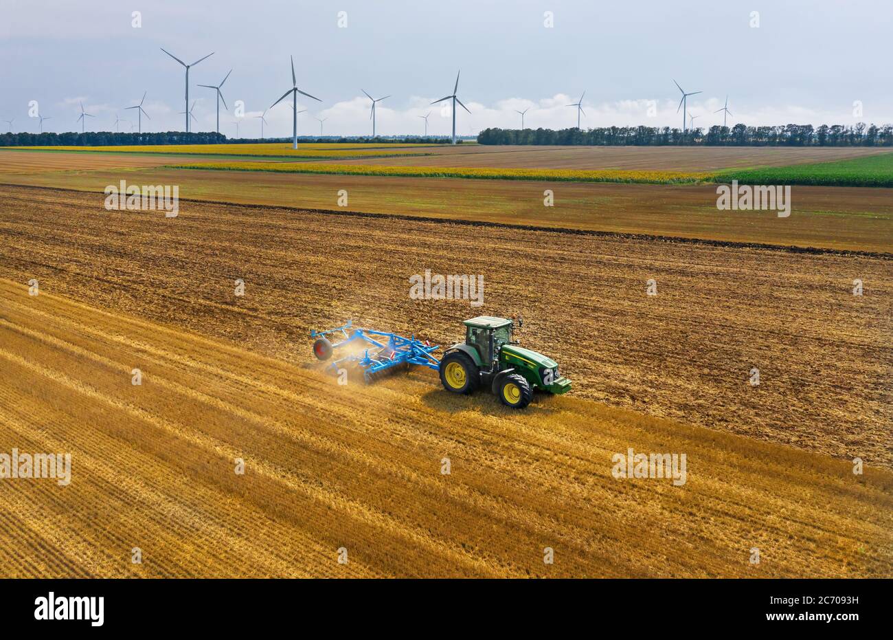Aerial view of the tractor in the field, agricultural field work Stock ...