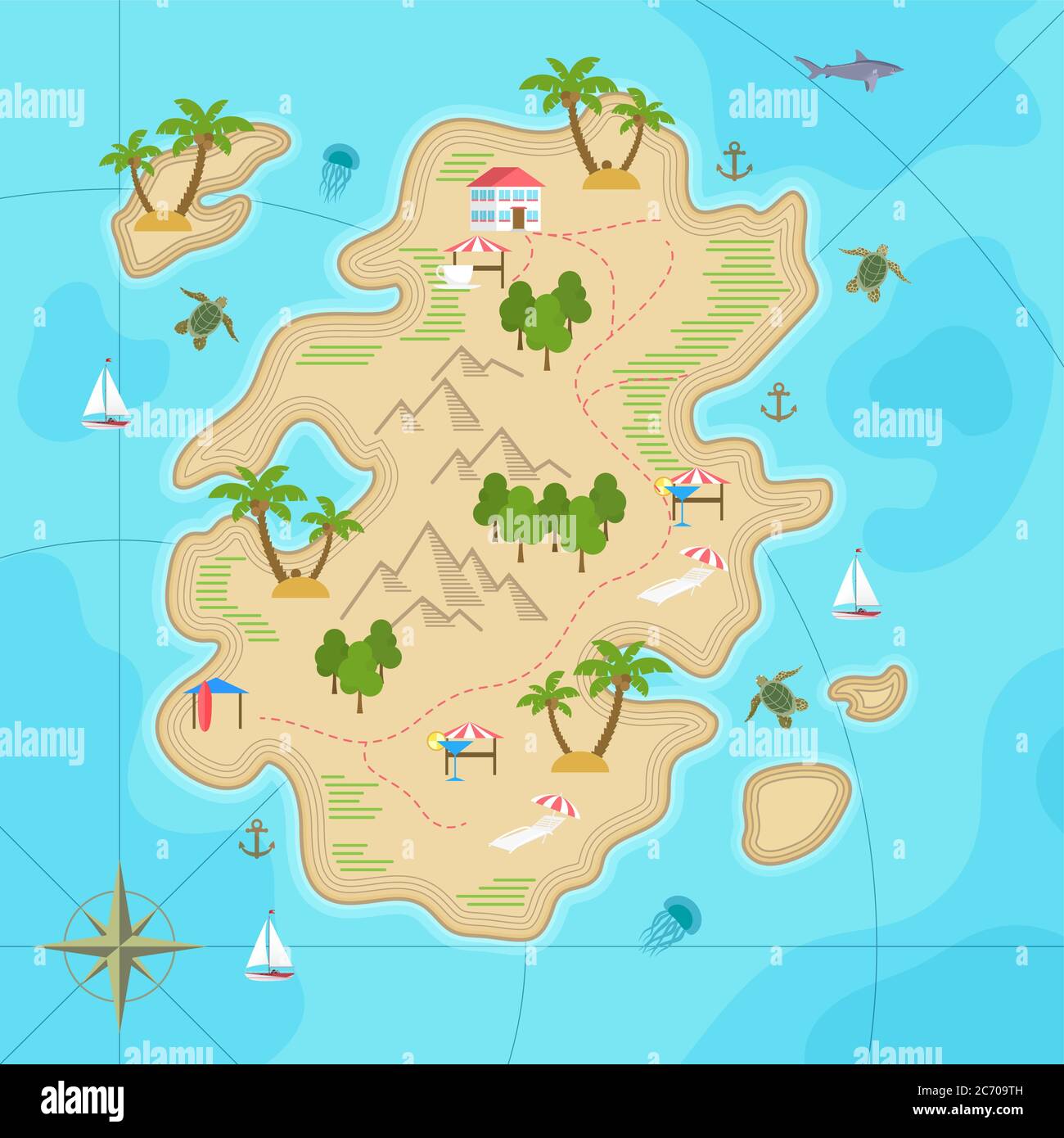 Cartoon tropical island in ocean. Top view exotic island map. Vector ...