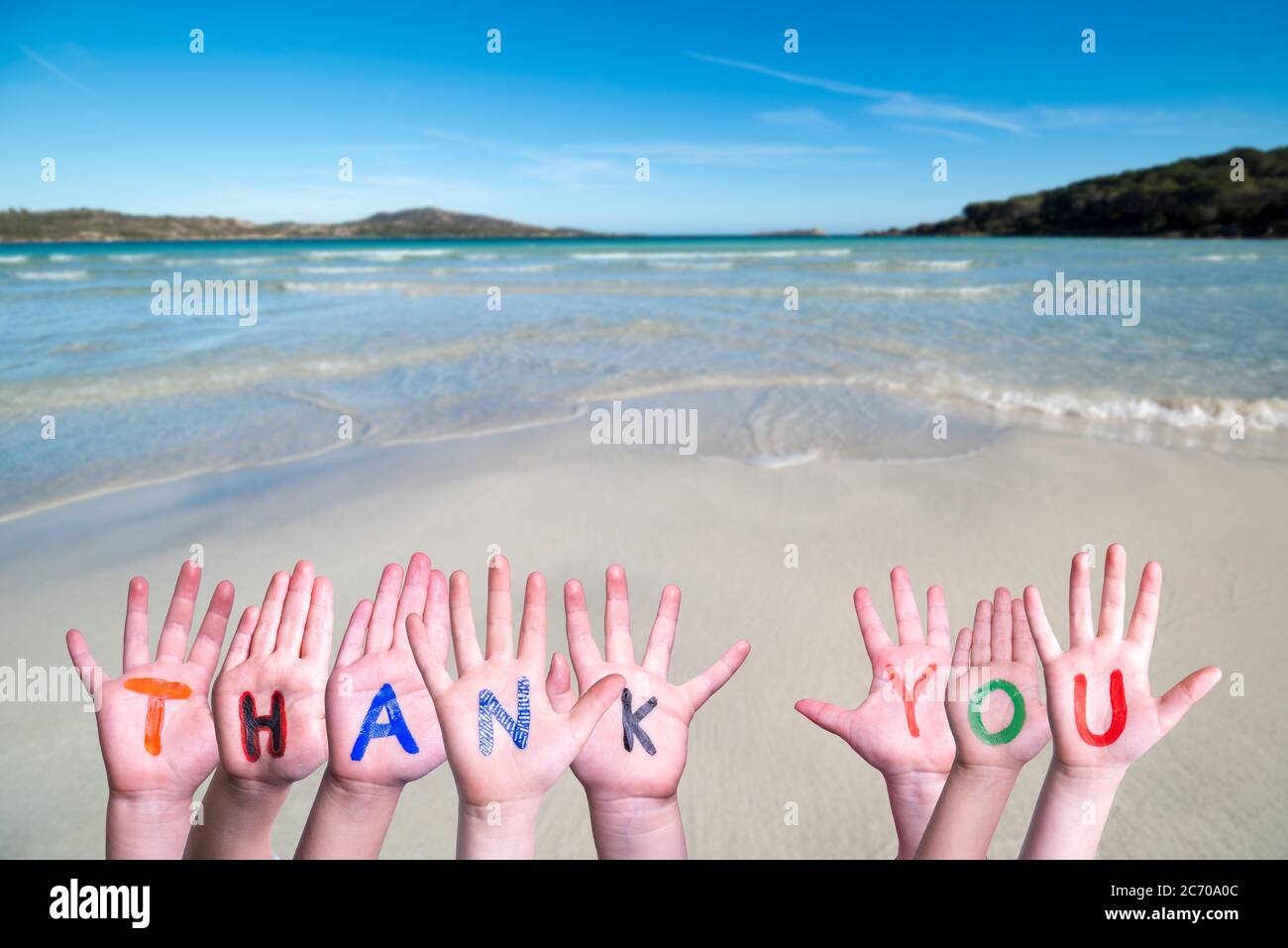 Many Children Hands Building Word Thank You, Ocean Background Stock ...
