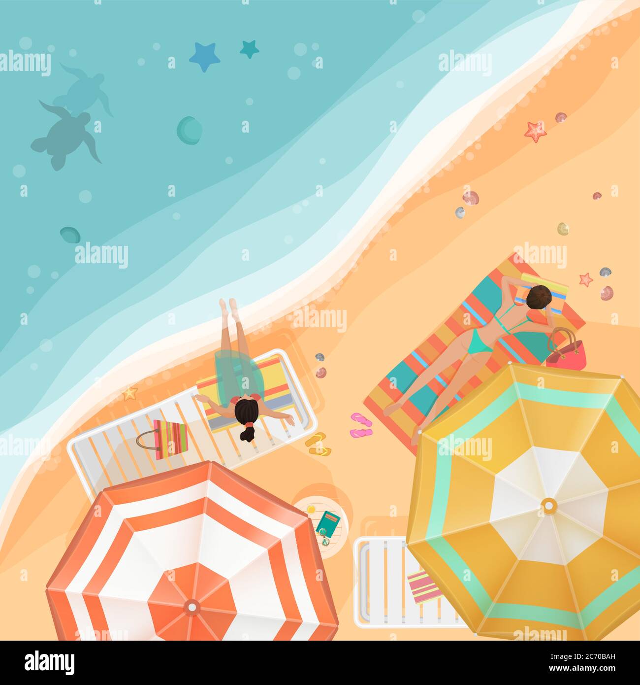 Vector illustration of women lying and relaxing on the beach near the ...