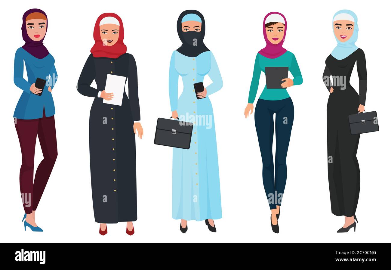 Set of business arab woman character with hijab. Muslim female people ...