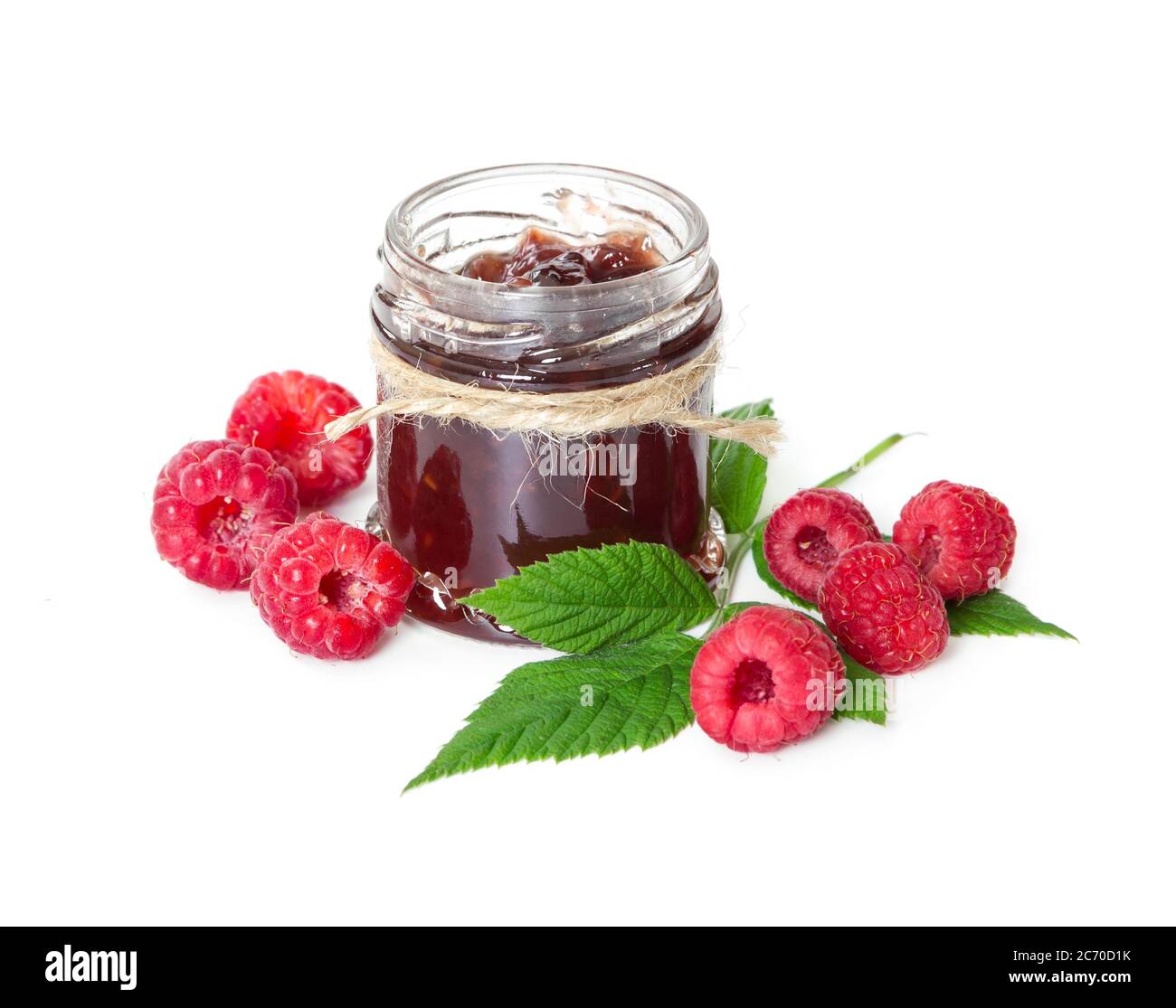 Raspberries jam in glass jar and berries isolated on white background ...
