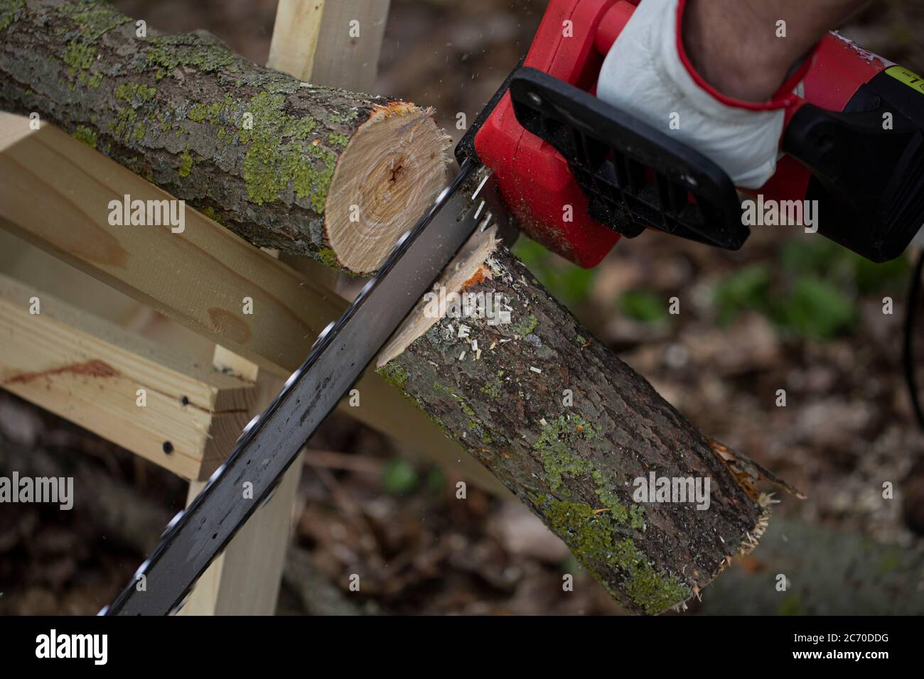 Close up of woodcutter sawing tree trunk on sawhorse, sawdust fly to ...