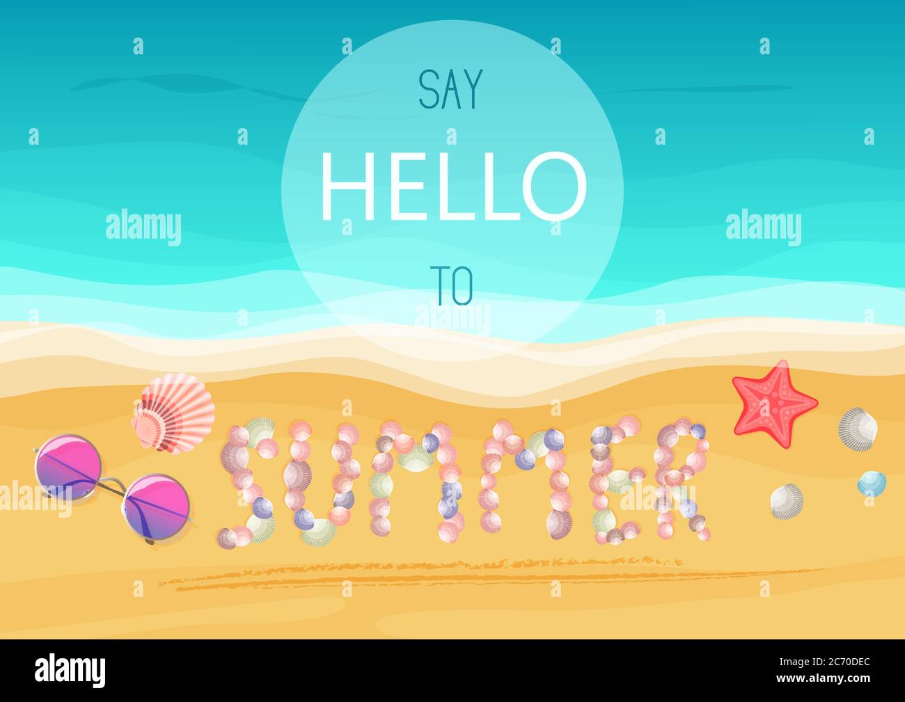 Say hello to summer text on sandy seashells shore. Vector illustration. Summer poster Stock ...