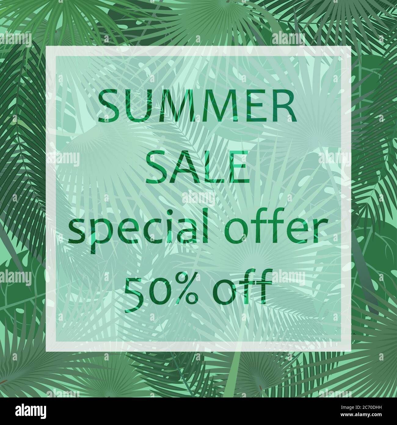 The summer sale poster in a frame on the background of fresh tropic ...