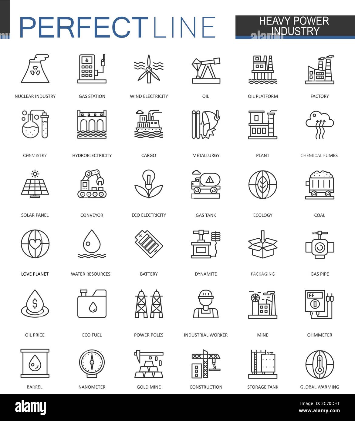 Heavy power industry thin line web icons set. Factory and renewable ...