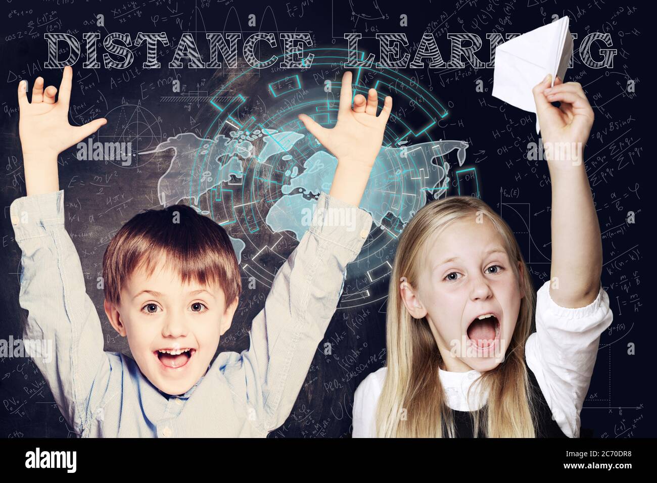 Happy kids having fun in classroom. Distance learning concept Stock ...