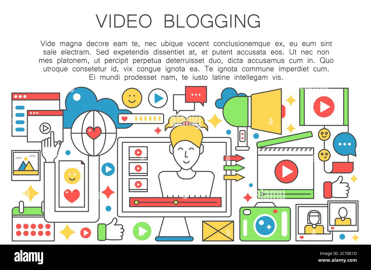 Video blogger flat line concept. Computer screen with female woman ...